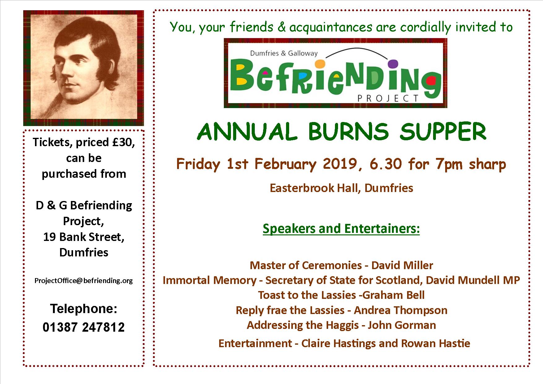 Annual Burns Supper, - Dumfries & Galloway Befriending Project